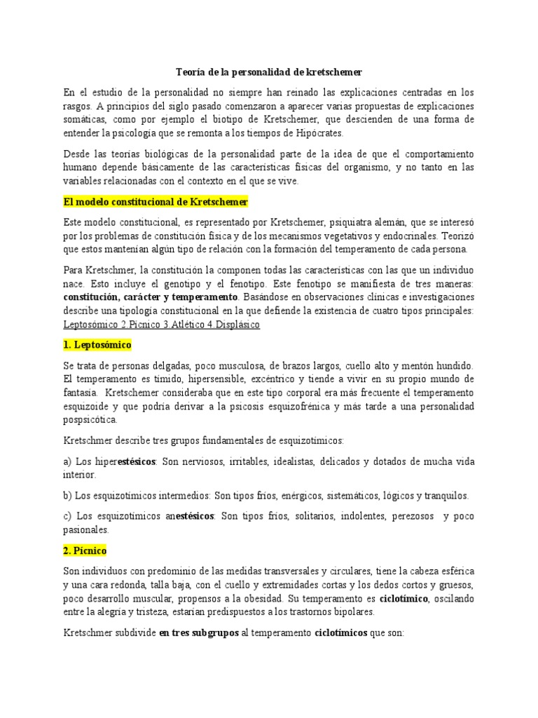Teoría de La Personalidad de Kretschemer | PDF | Temperamento ...
