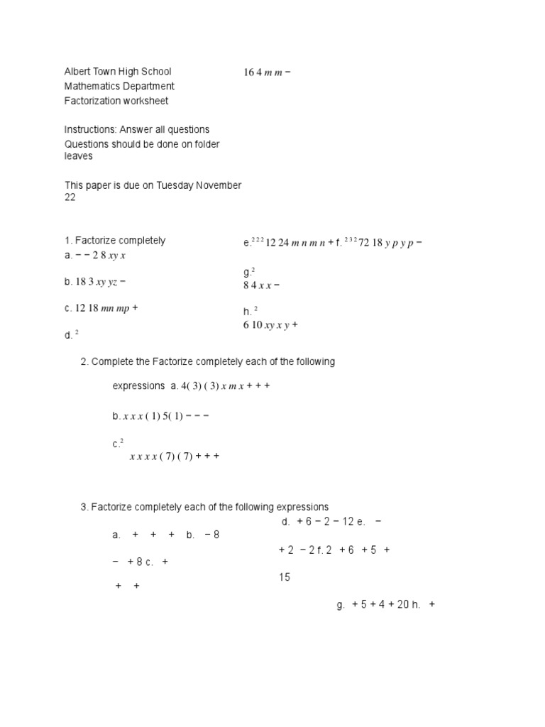 Factorization Worksheet for Students | PDF