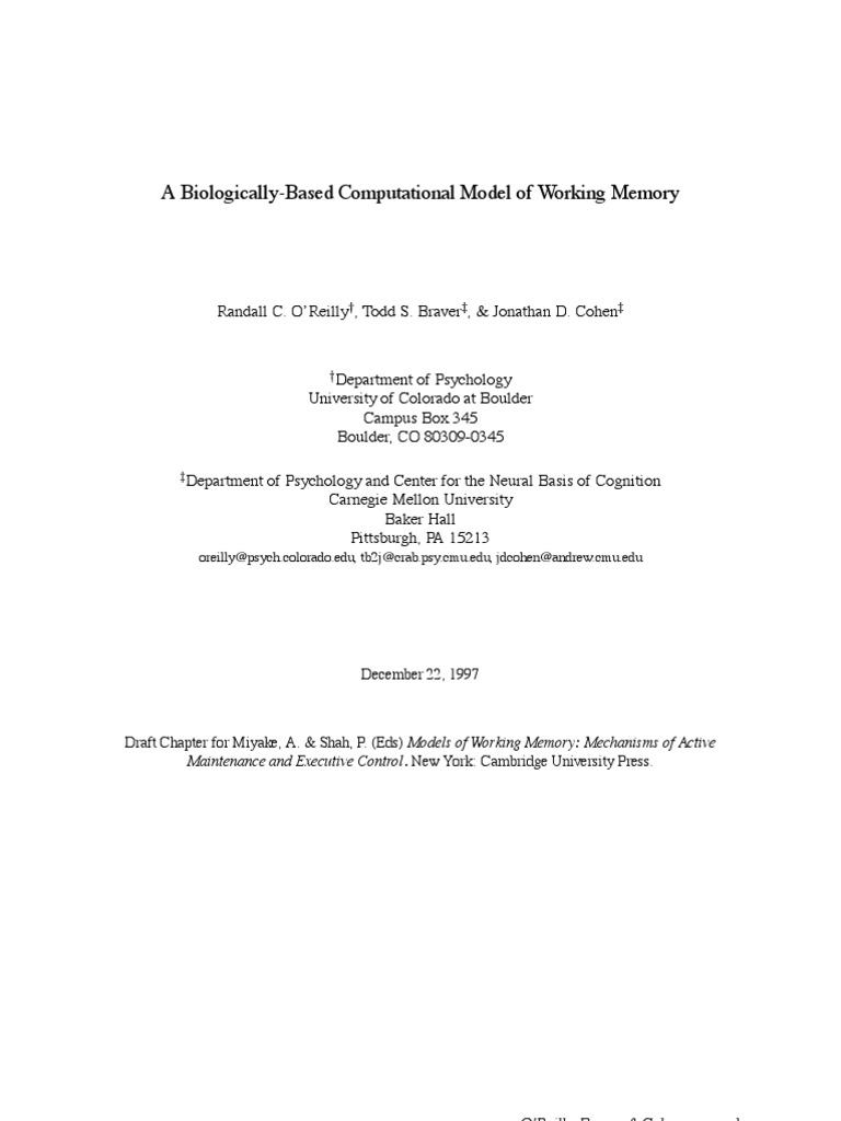 Biologically Based Computational Model of Working Memory | PDF | Working Memory | Prefrontal Cortex