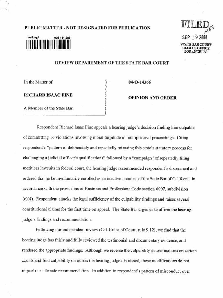 Disbarment Case of Richard Isaac Fine | PDF | Lawsuit | Contempt Of Court