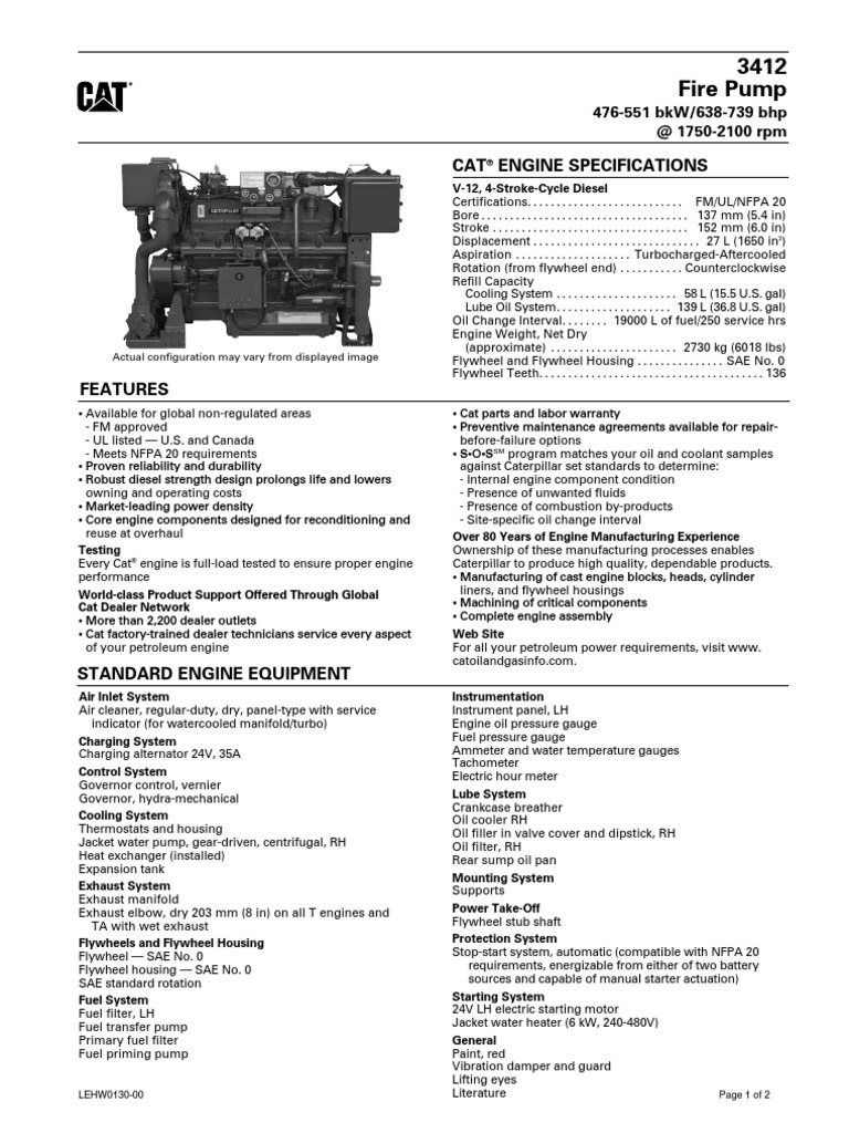 3412 Fire Pump: CAT Engine Specifications | PDF | Engines | Horsepower