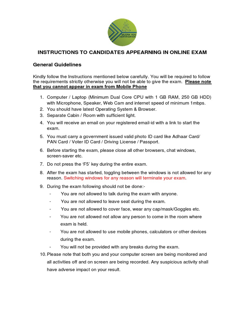 Instructions To Candidates Appearning in Online Exam General Guidelines ...