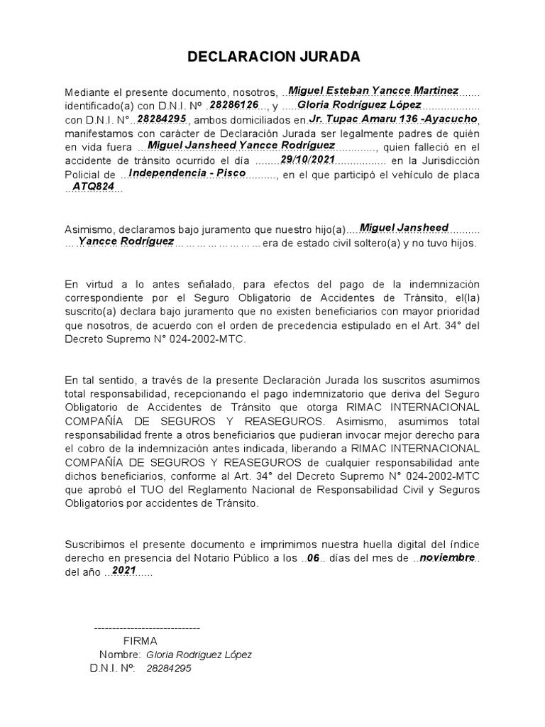 Modelo de Carta de Declaracion Jurada Madre | PDF | Reaseguro | Seguro