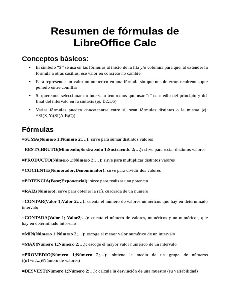 LibreOffice Calc Resumen Formulas Enrique | PDF | Matriz (Matemáticas ...