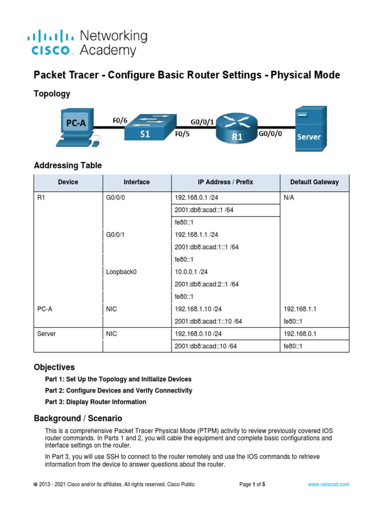 Packet Tracer - Configure Basic Router Settings - Physical Mode | PDF | Router (Computing) | I Pv6
