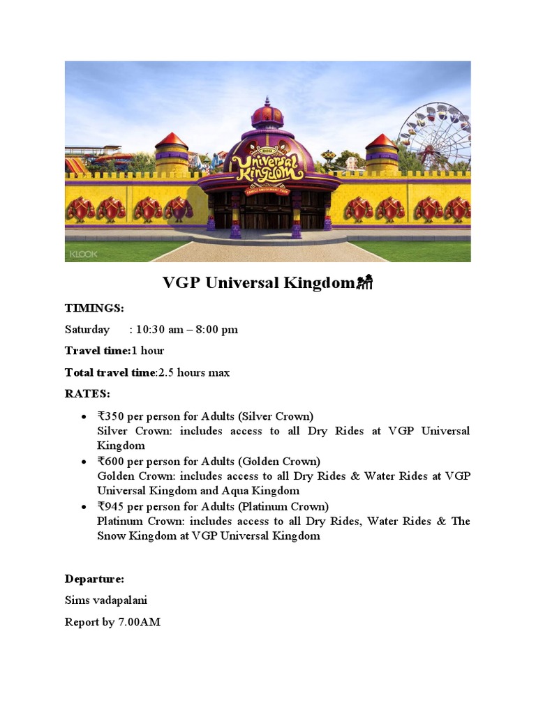VGP Universal Kingdom Ticket Prices and Timings | PDF