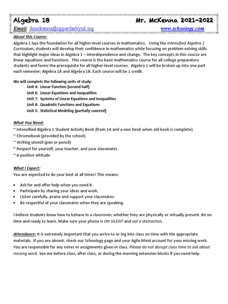 Algebra 1B Syllabus 2021-2022 | PDF | Algebra | Learning