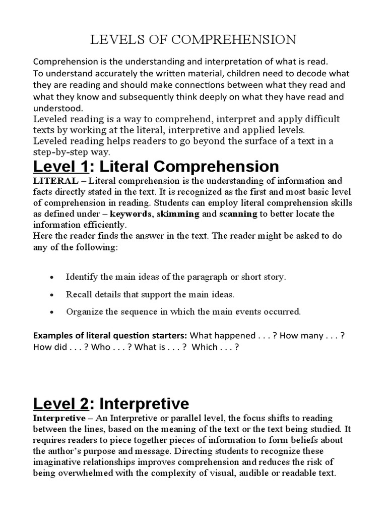 Levels of Comprehension | PDF | Reading Comprehension | Applied Psychology