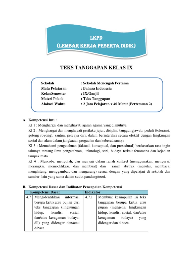LKPD Teks Tanggapan Kelas 9 | PDF