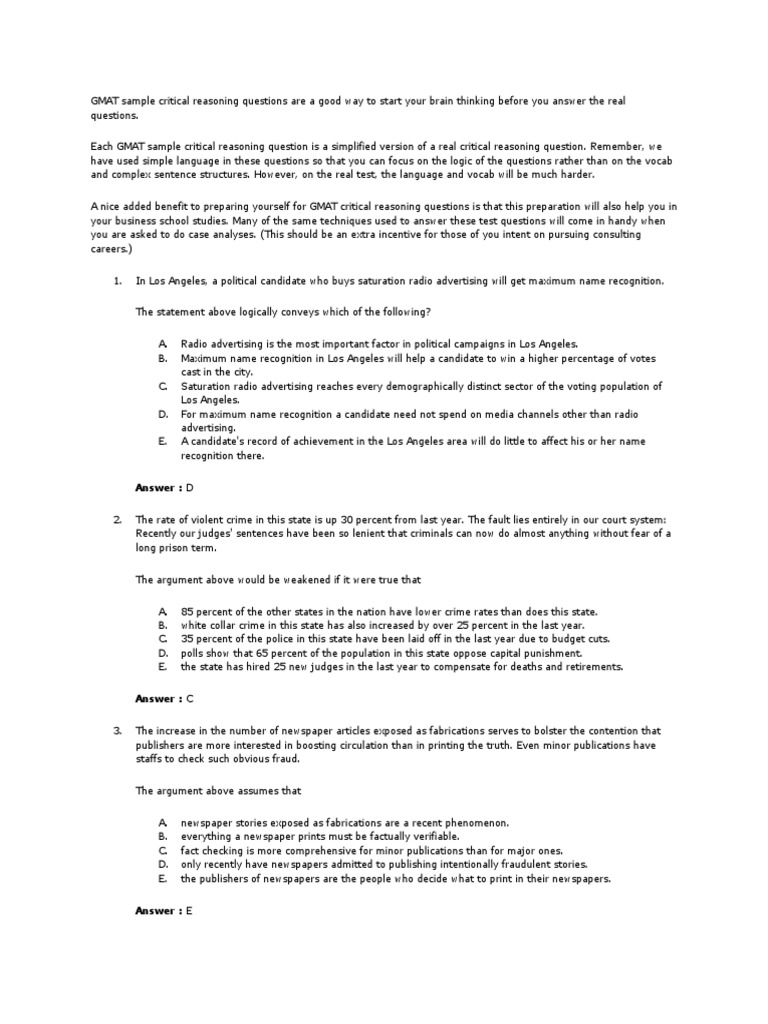 GMAT Critical Reasoning Sample Questions | PDF | Newspapers | Advertising