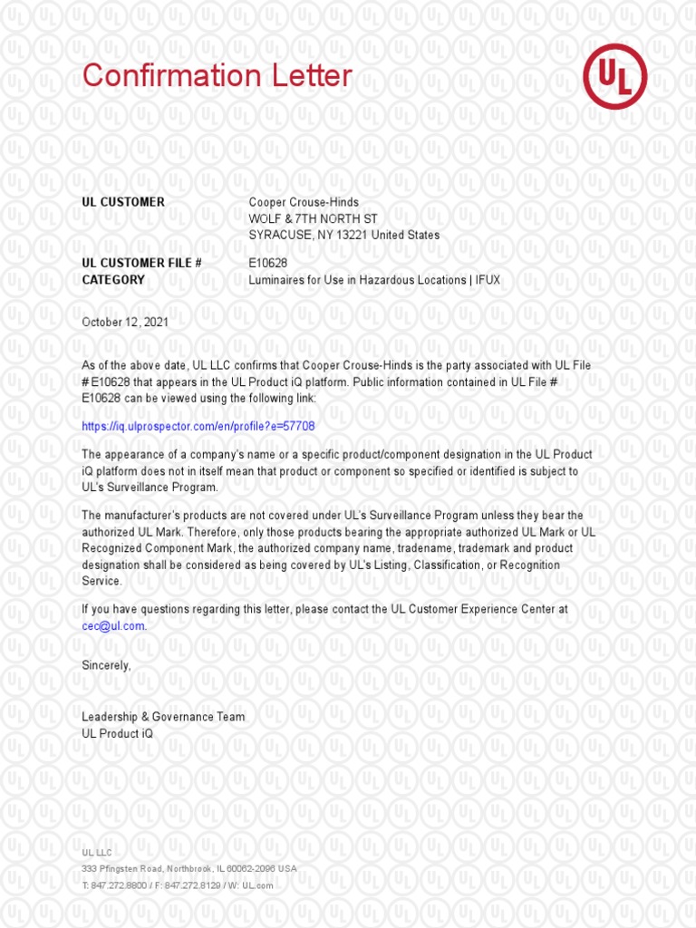 UL Confirmation Letter for E10628 | PDF