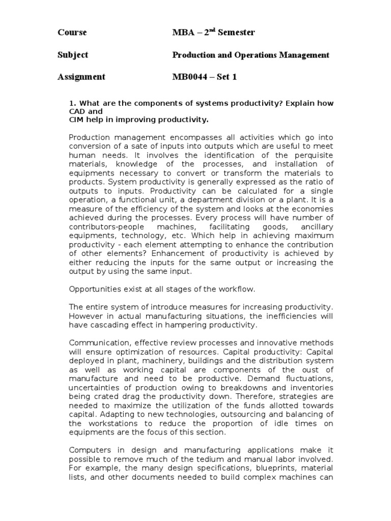 Course Mba - 2 Semester Subject Assignment MB0044 - Set 1: Production ...