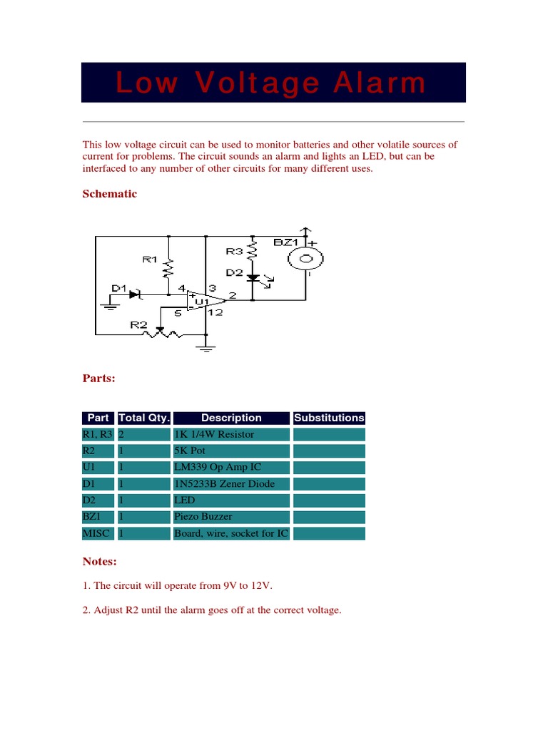 Low Voltage Alarm Low Voltage Alarm: Schematic | PDF