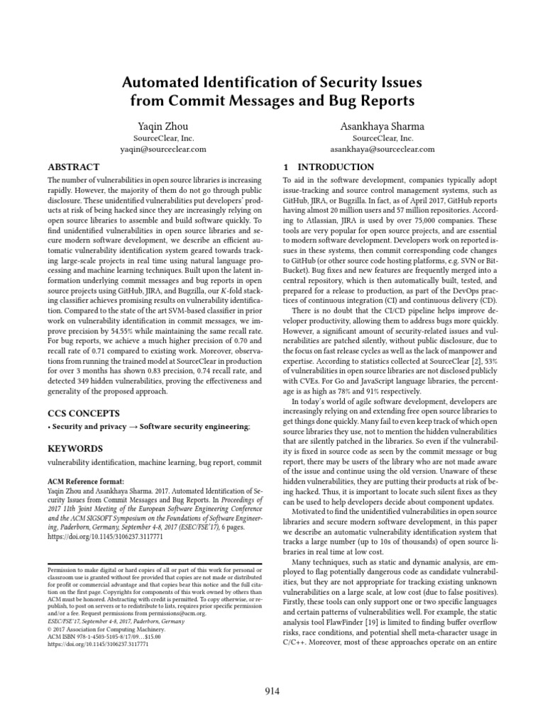 Automated Identification Of Security Issues From Commit Messages And Bug Reports Pdf