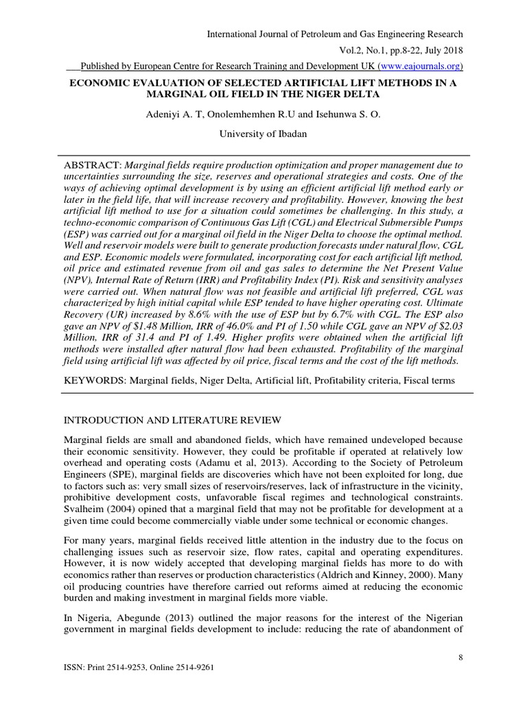 Economic Evaluation of Selected Artificial Lift Methods in A Marginal ...