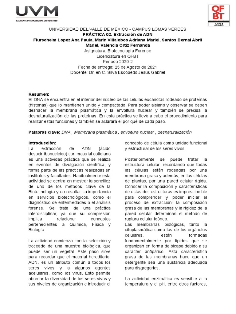 Practica 2: Extracción de ADN | PDF | Membrana celular | Biología Celular)