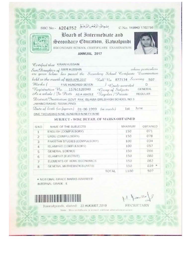 Matric Certificate | PDF