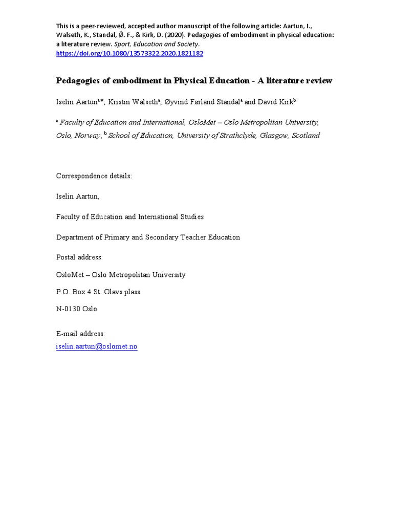 Pedagogies of Embodiment in Physical Education - A Literature Review ...