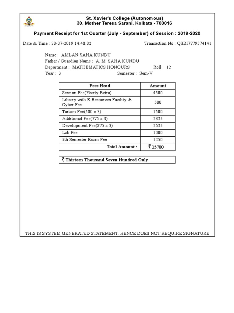 Quarterly fee payment receipts for Amlan Saha Kundu documenting tuition ...