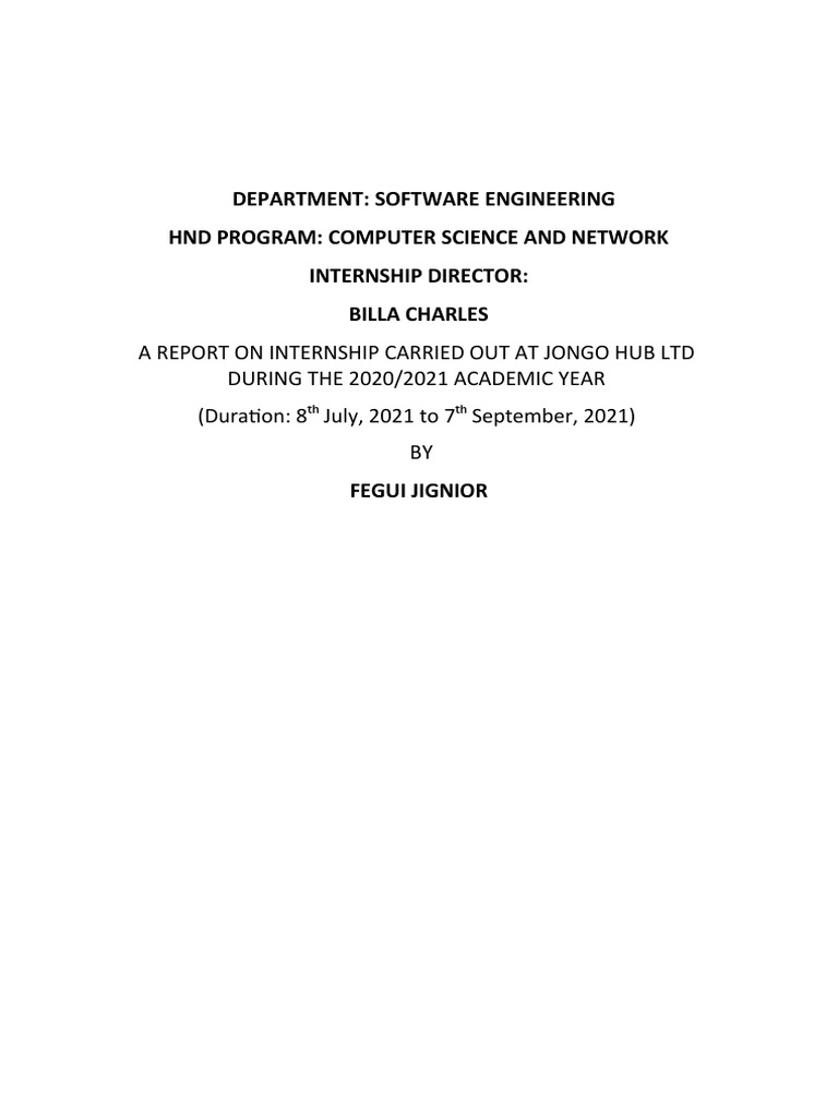Department: Software Engineering HND Program: Computer Science and Network Internship Director ...