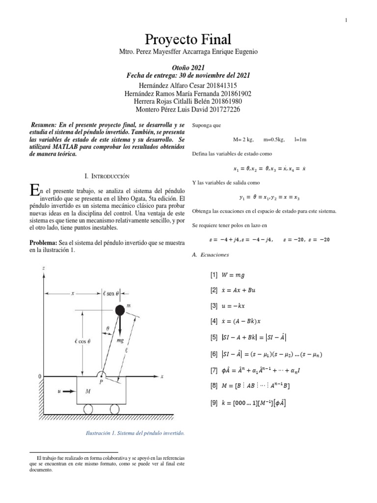Proyecto Final del Sistema del Péndulo Invertido | PDF | Ecuaciones | Péndulo