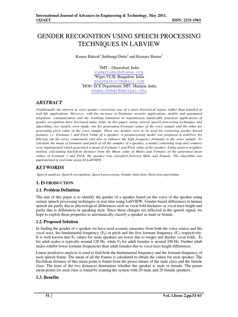 6gender Recognition Using Speech Processing Techniques in Labview Copyright Ijaet | PDF ...