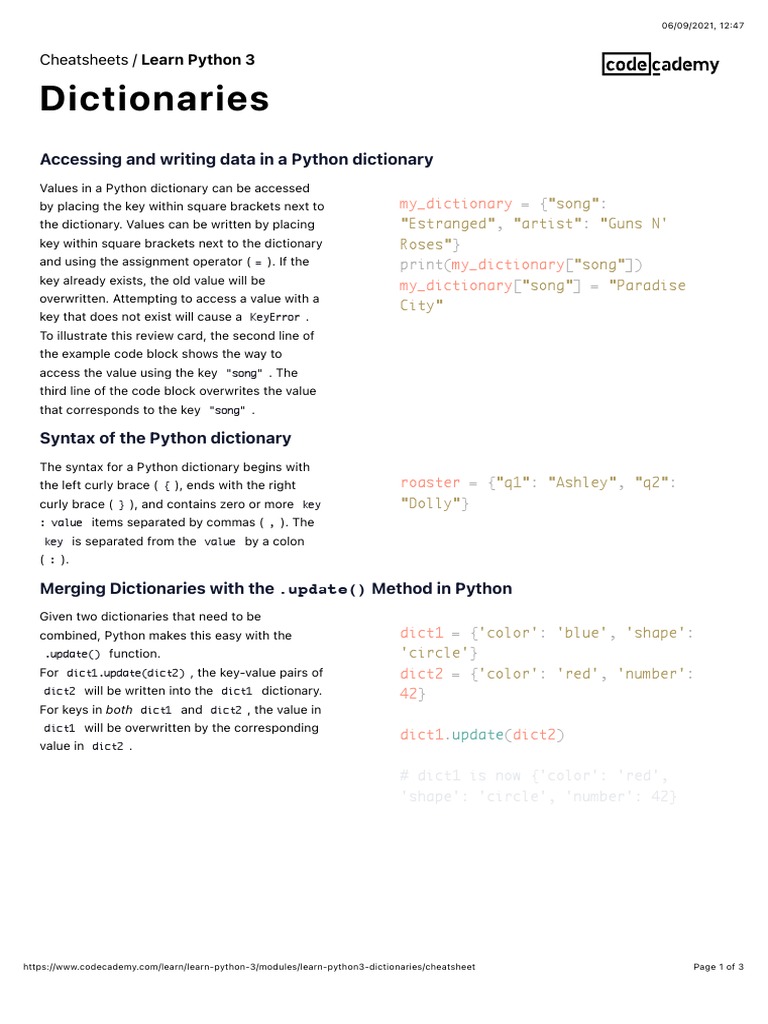 Learn Python 3: Dictionaries Cheatsheet - Codecademy | PDF | Information Age | Mathematical Logic