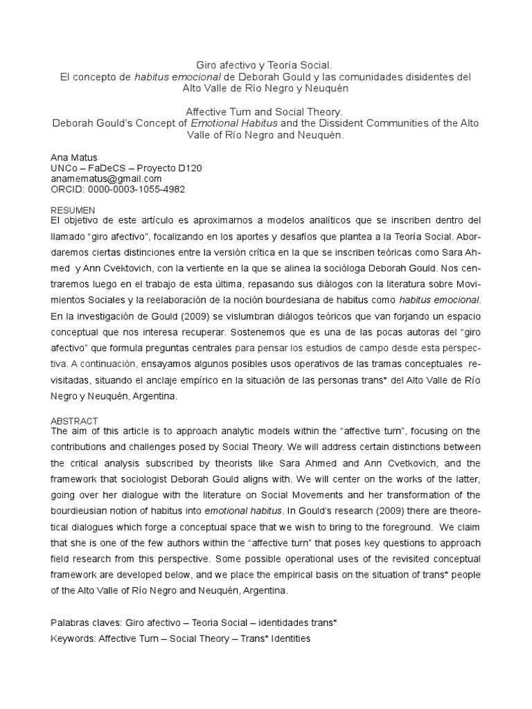 Artículo Giro Afectivo y Teoría Social - Matus | PDF | Las emociones ...