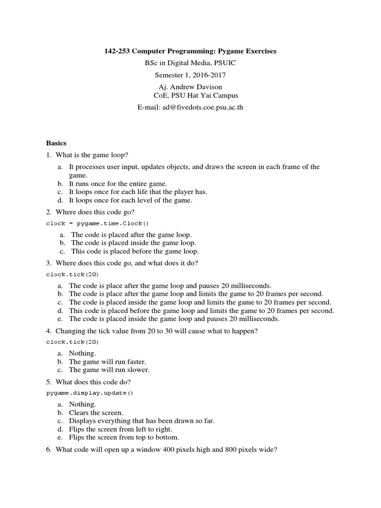 142 253 Computer Programming Pygame Exercises Clock Pygame Time