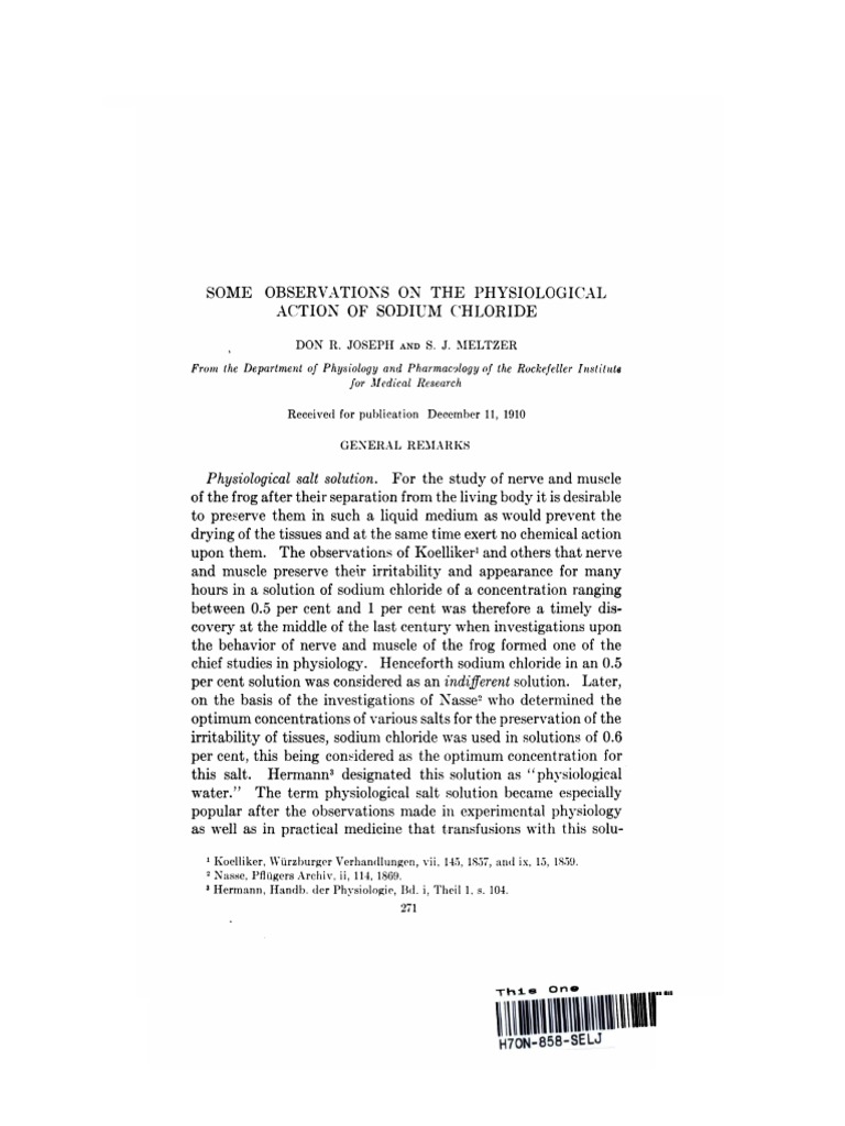 Physiological Salt Solution.: Joseph S. J. Meltzer | PDF | Chloride ...