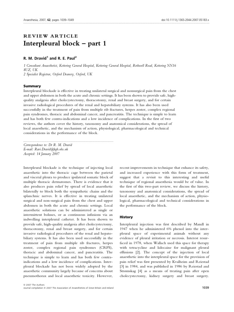 Interpleural Block - Part 1: Reviewarticle | PDF | Clinical Medicine ...