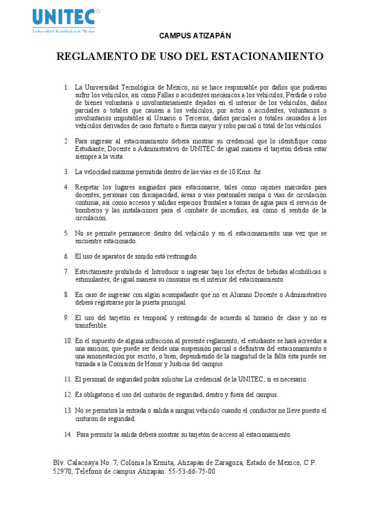 Reglamento de Uso Del Estacionamiento Unitec | PDF | México