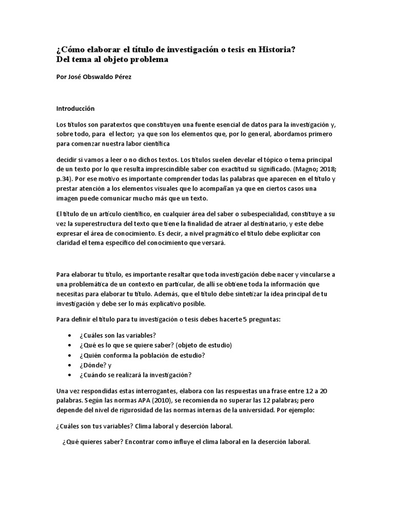 Cómo Elaborar El Título de Tu Investigación o Tesis en Historia | PDF ...