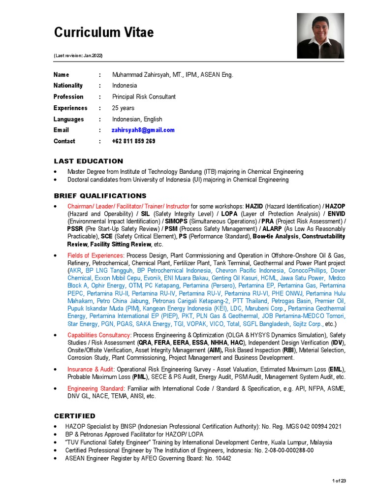 CV MUH ZAHIRSYAH Jan 22 Rev4 | PDF | Energy Industry | Chemical Process Engineering