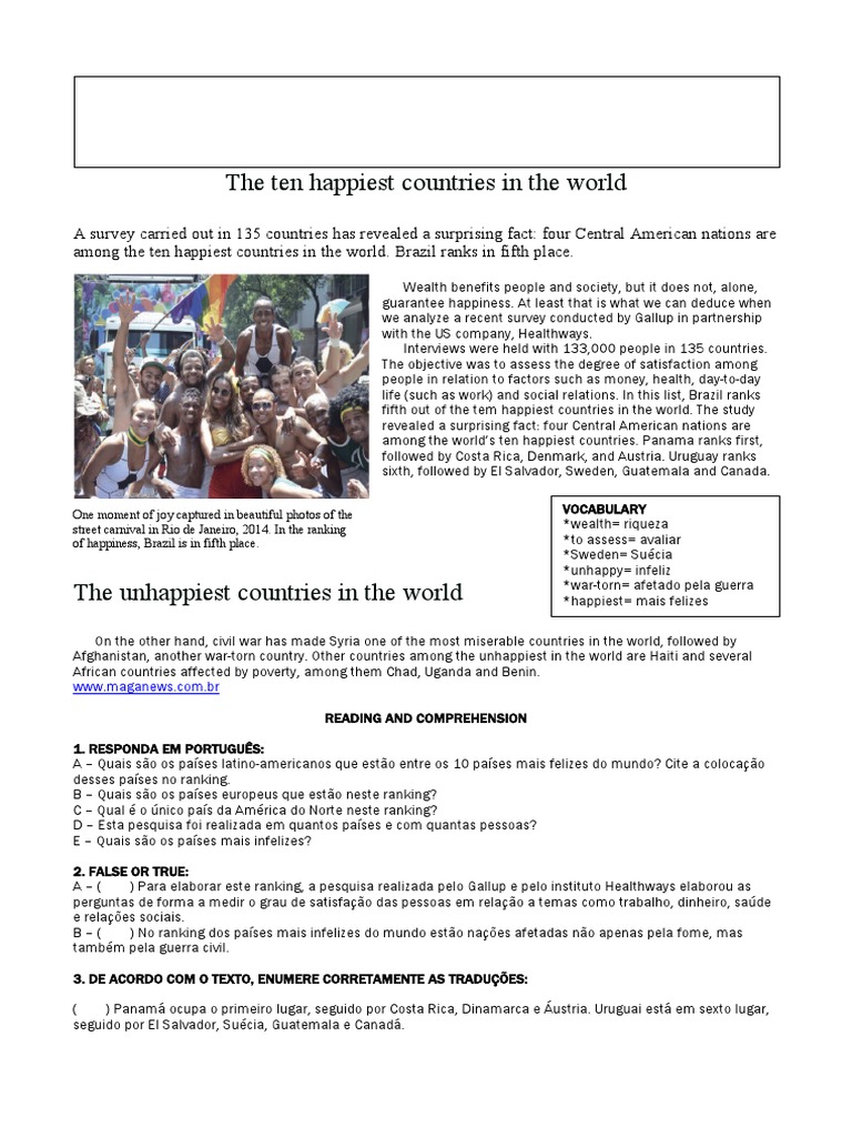 Reading Comprehension - The Ten Happiest Countries in The World | PDF ...
