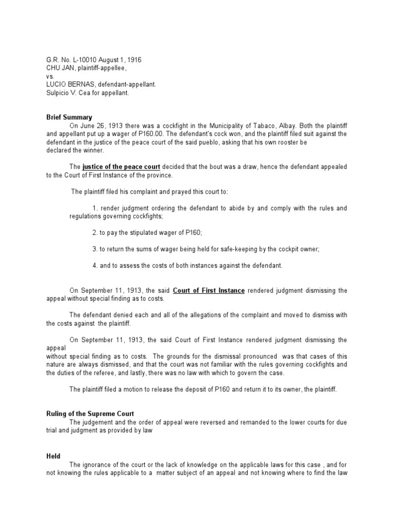 Chu Jan vs. Bernas, 34 Phil 631 (1916) | PDF | Law