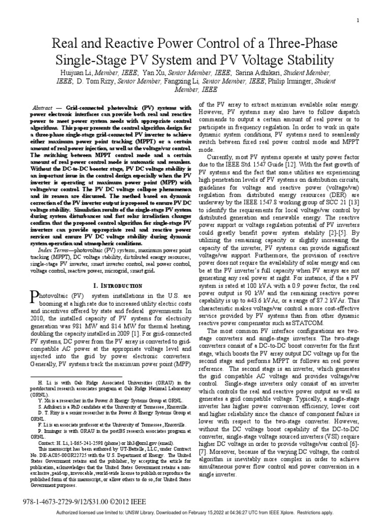 Real and Reactive Power Control of A Three-Phase Single-Stage PV System ...