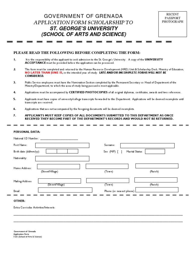 Application Form Scholarship To St. George'S University (School of Arts ...