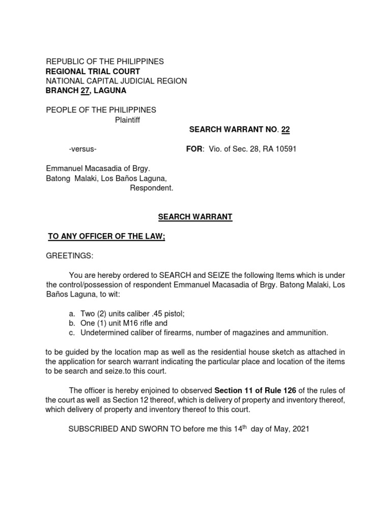 Search warrant issued for firearms | PDF | Government Institutions ...