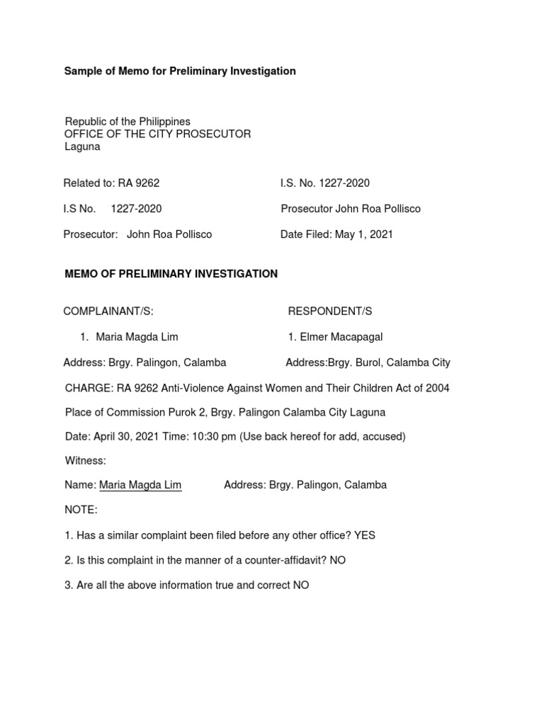 Sample of Memo For Preliminary Investigation | PDF