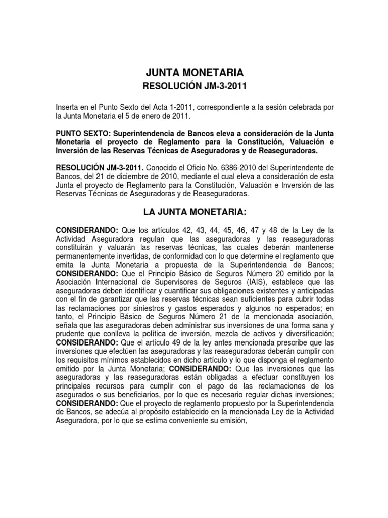 Reglamento establece directrices para la constitución, valuación e inversión de reservas ...
