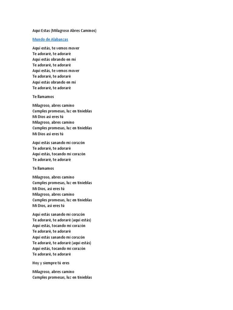 Letra de "Milagroso Abres Caminos" | PDF