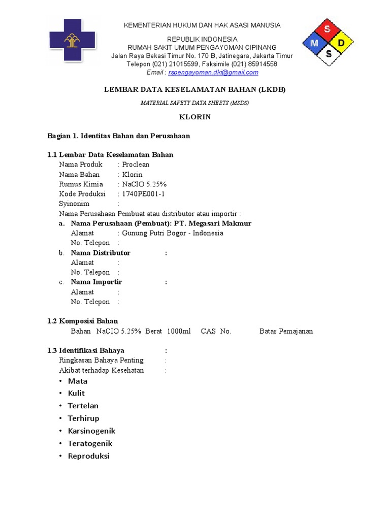 Lembar Data Keselamatan Klorin MSDS | PDF
