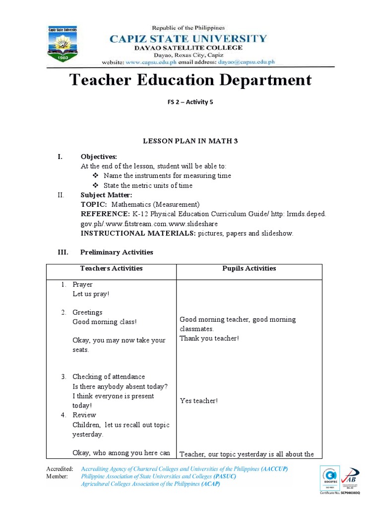 Teacher Education Department: FS 2 - Activity 5 | PDF | Teachers | Clock