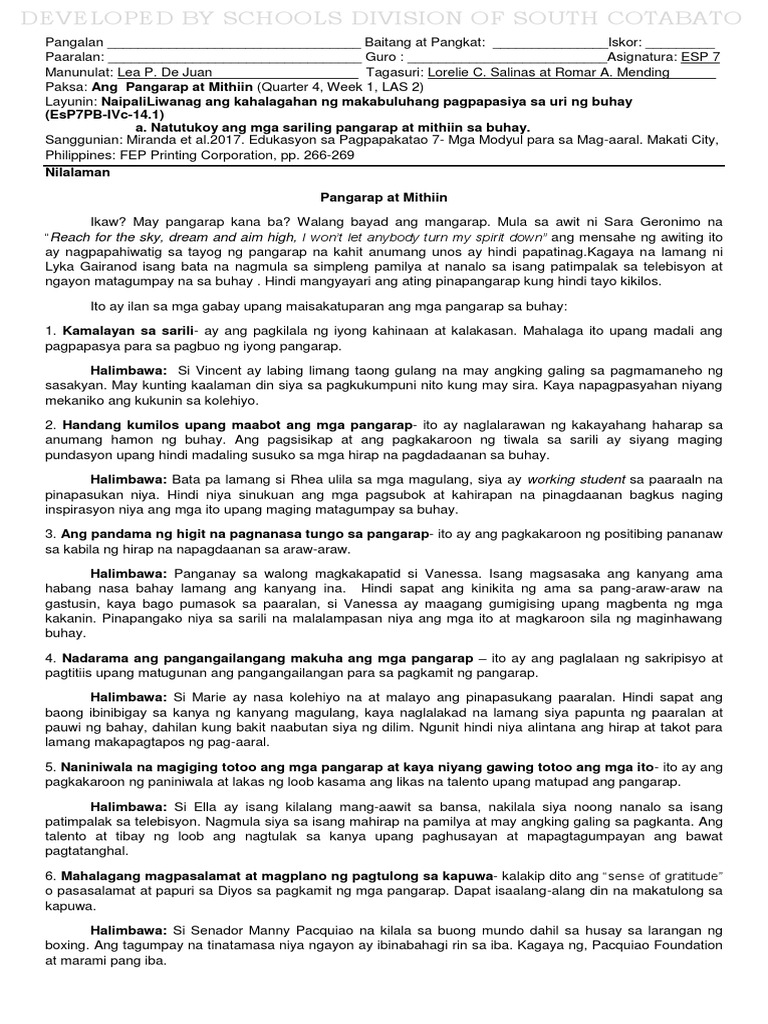 Esp7 Quarter 4 Week 1 Las 2 | PDF