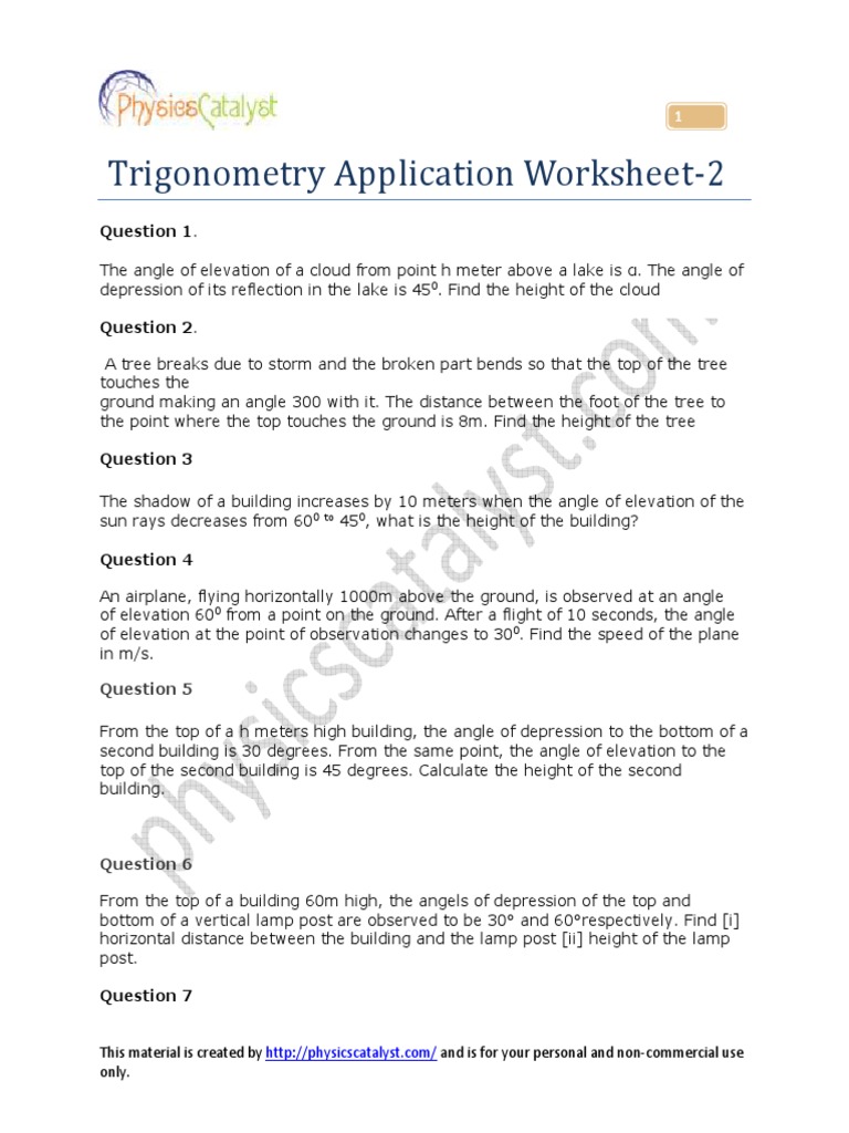 Trigonometry Application Worksheet-2 | PDF | Angle