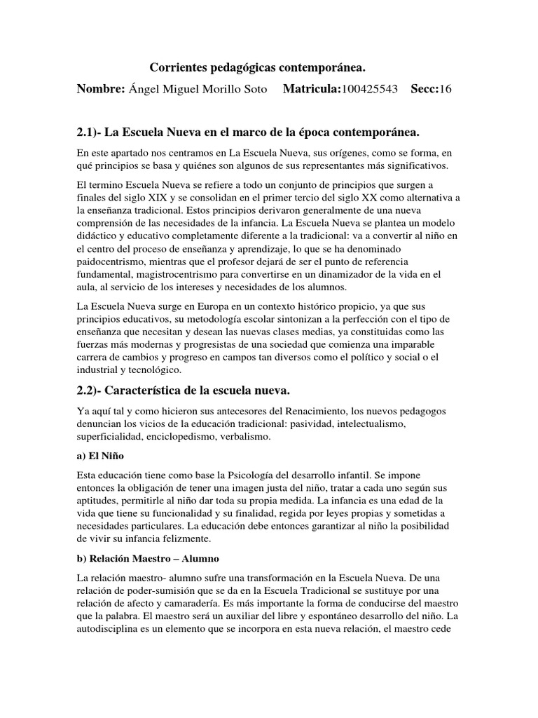 Unidad 2 LA ESCUELA NUEVA EN EL MARCO DE LA ÉPOCA CONTEMPORÁNEA. | PDF ...