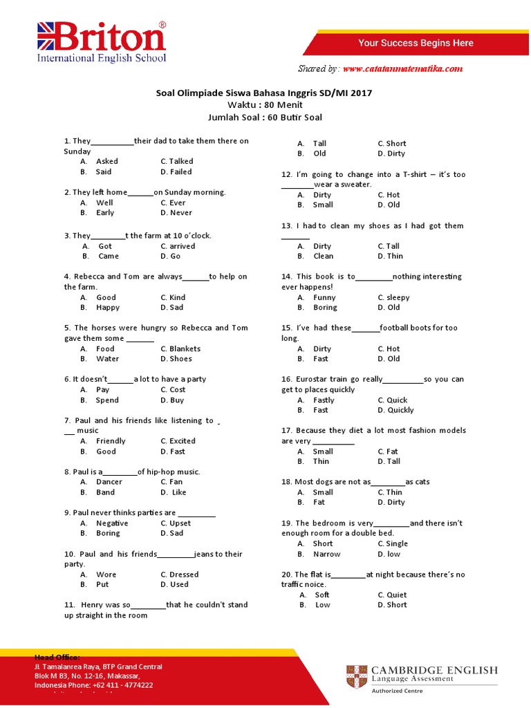 Soal Olimpiade Bahasa Inggris Siswa SD SCE 2017 | PDF