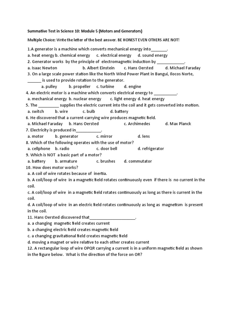 Science 10: Motors and Generators Test | PDF | Electric Generator ...