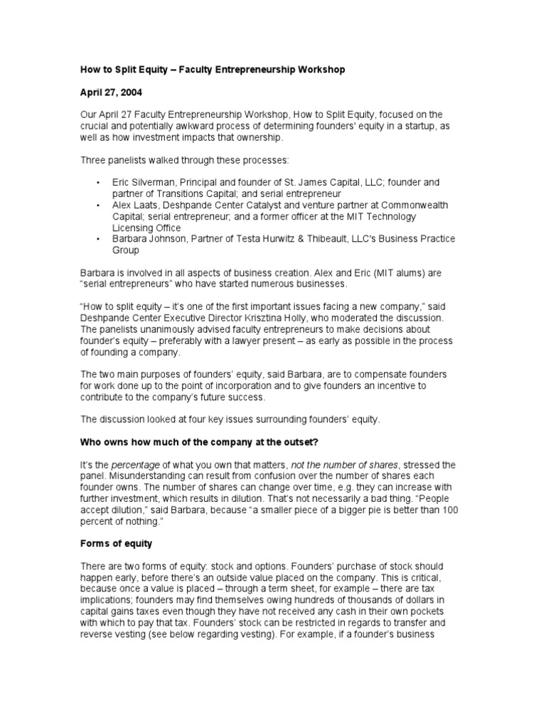 Summary Splitting Equity | PDF | Vesting | Entrepreneurship